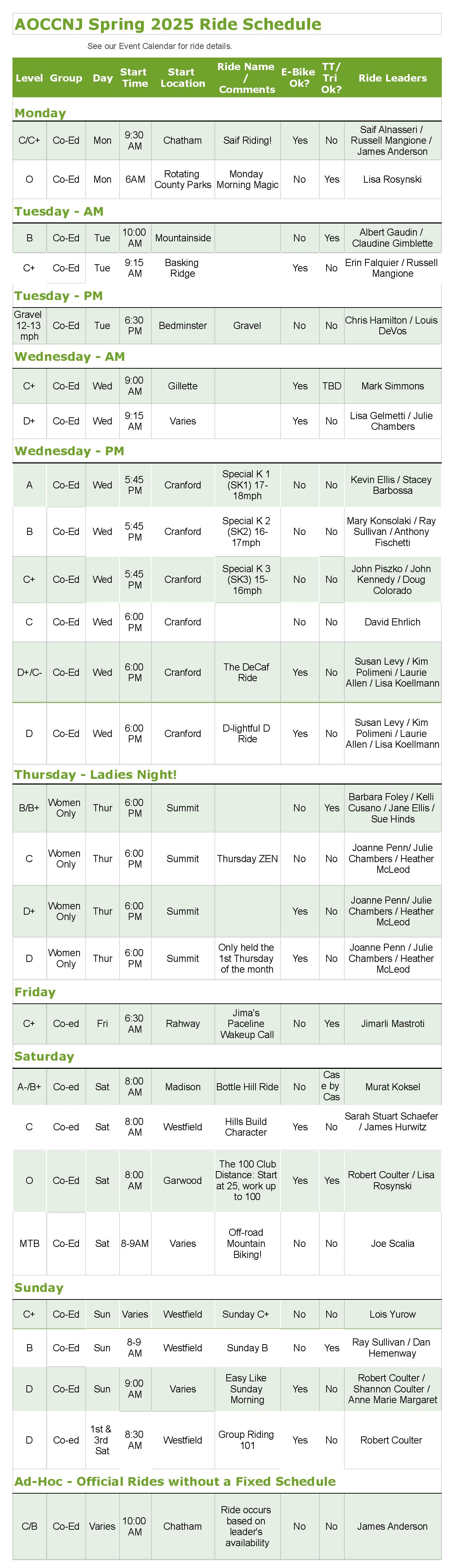 Schedule - All On Cycling Club of New Jersey