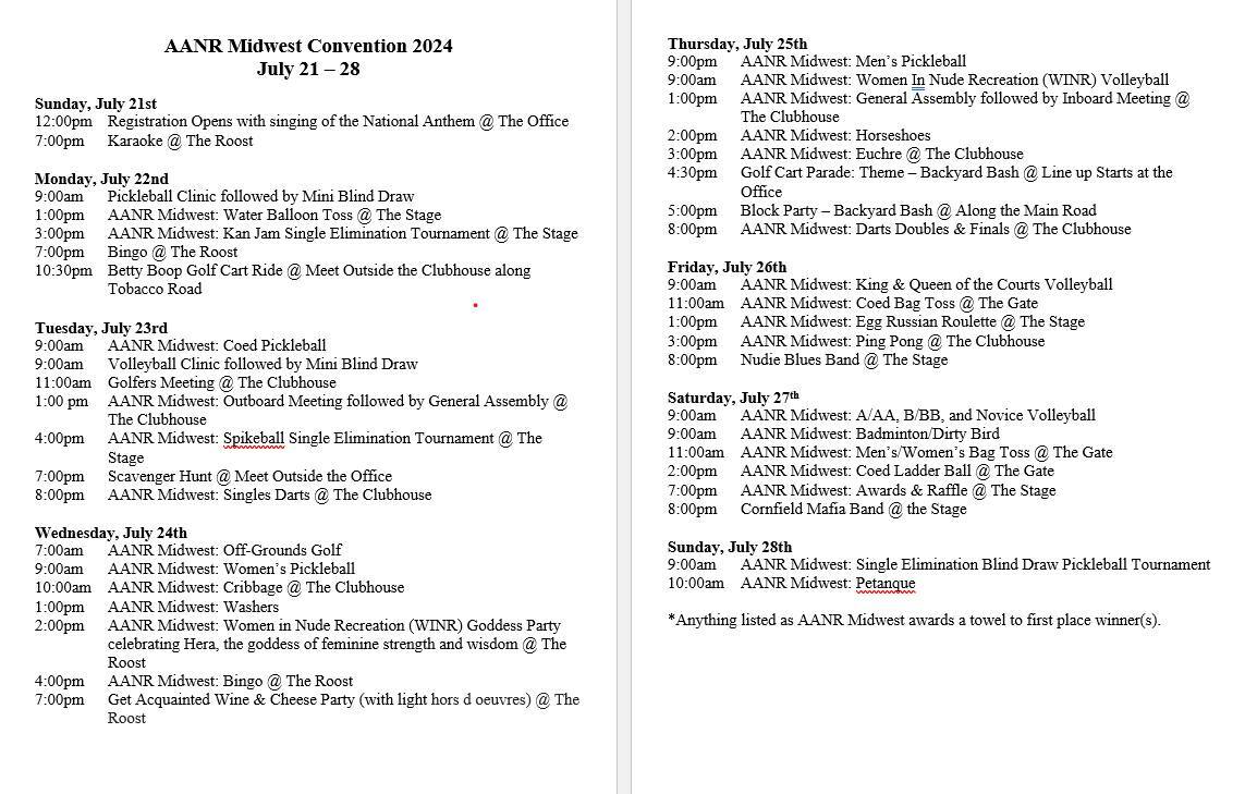 AANR Midwest Convention 2024 - Events - Indiana Naturists